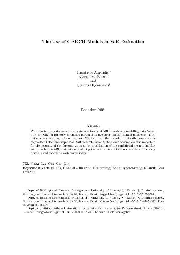 (PDF) The use of GARCH models in VaR estimation