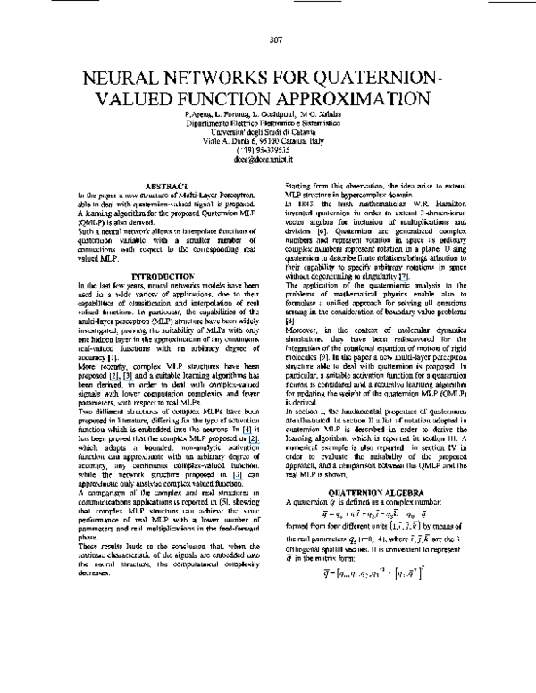 (PDF) Neural Networks for Quaternion-valued Function Approximation | Luigi Occhipinti - Academia.edu
