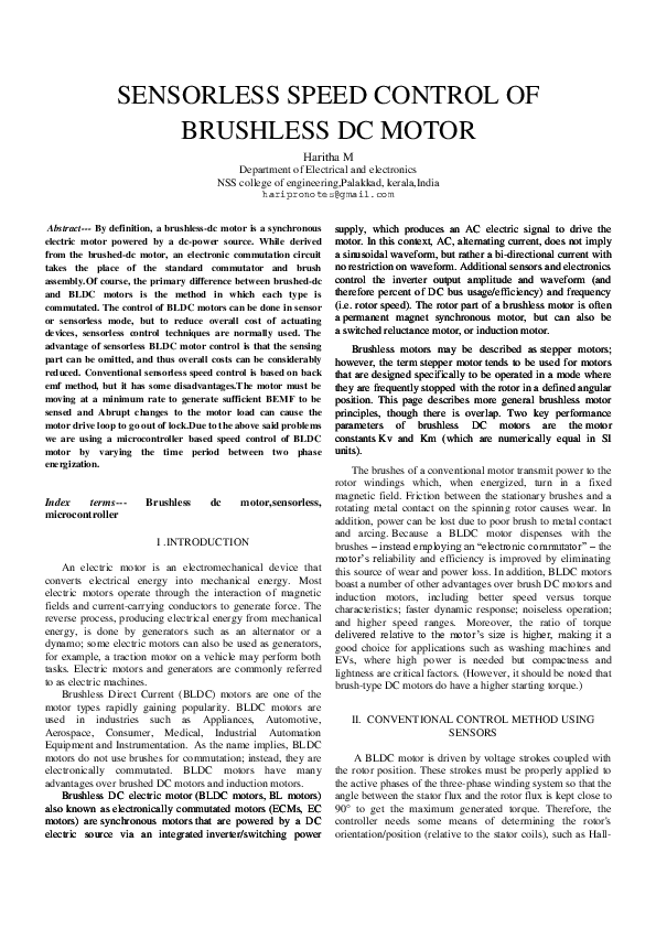 SENSORLESS SPEED CONTROL OF BRUSHLESS DC MOTOR