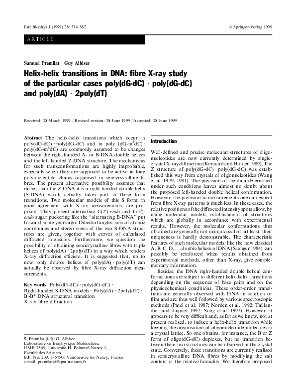 (PDF) Helix-helix transitions in DNA: fibre X-ray study of the ...