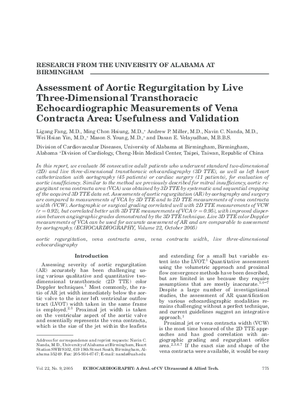 (PDF) Assessment of Aortic Regurgitation by Live Three-Dimensional ...