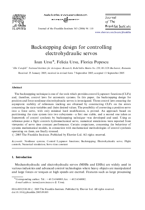Pdf Backstepping Design For Controlling Electrohydraulic Servos 