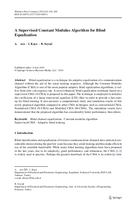 Pdf A Supervised Constant Modulus Algorithm For Blind Equalization