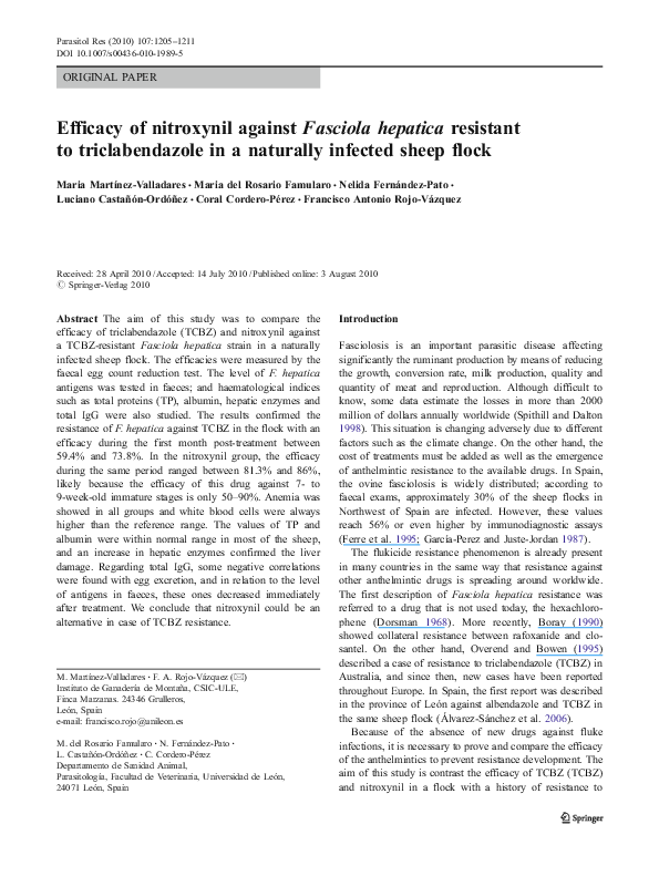(PDF) Efficacy of nitroxynil against Fasciola hepatica resistant to ...