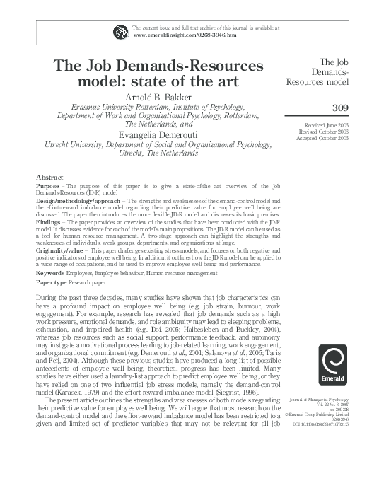 (PDF) The Job Demands-Resources model: state of the art