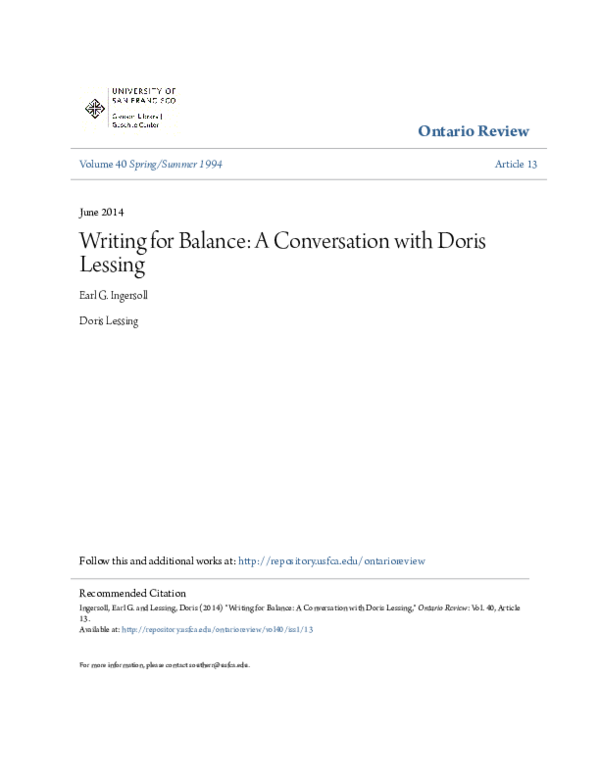 (PDF) Writing for Balance: A Conversation with Doris Lessing