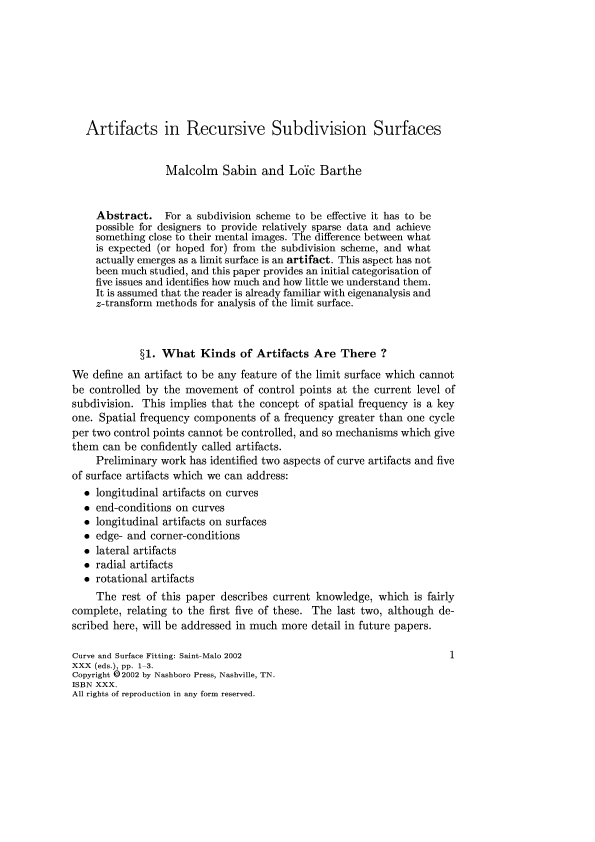 (PDF) Artifacts in recursive subdivision surfaces