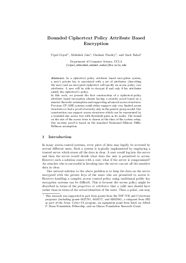 (PDF) Bounded Ciphertext Policy Attribute Based Encryption | Vipul Goyal - Academia.edu