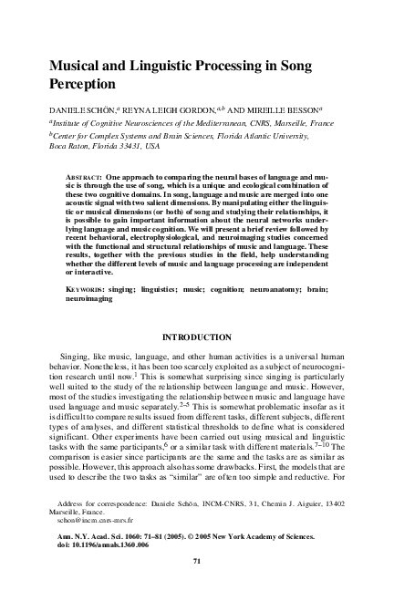 (PDF) Musical and Linguistic Processing in Song Perception