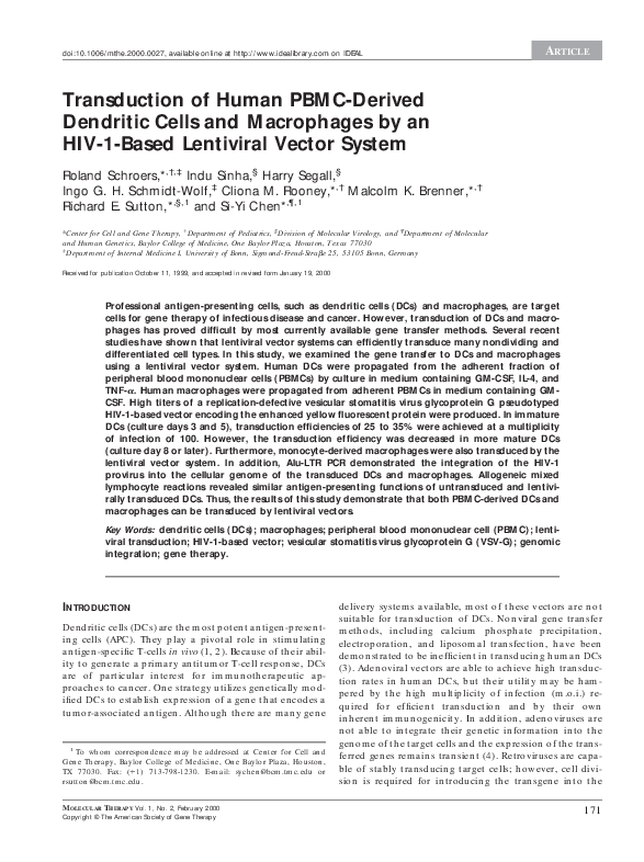 (PDF) Transduction of Human PBMC-Derived Dendritic Cells and ...