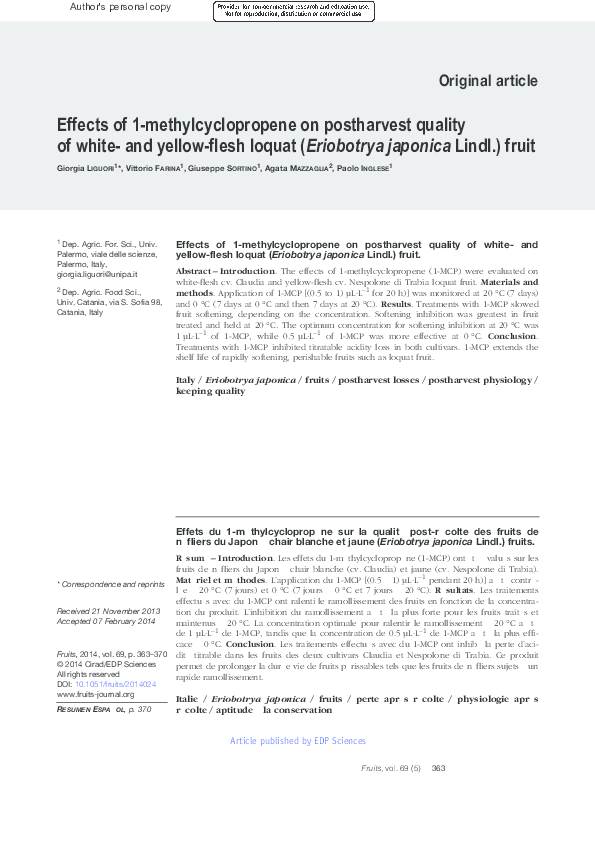 (PDF) Effects of 1-methylcyclopropene on postharvest quality of white-and yellow-flesh loquat ...