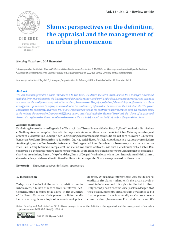 (PDF) Slums: Perspectives on the Definition, the Appraisal and the ...