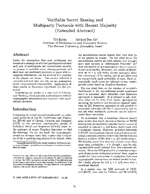 Pdf Verifiable Secret Sharing And Multiparty Protocols With Honest Majority Extended Abstract 1094