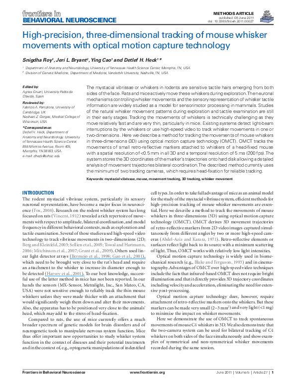 (PDF) High-precision, three-dimensional tracking of mouse whisker ...