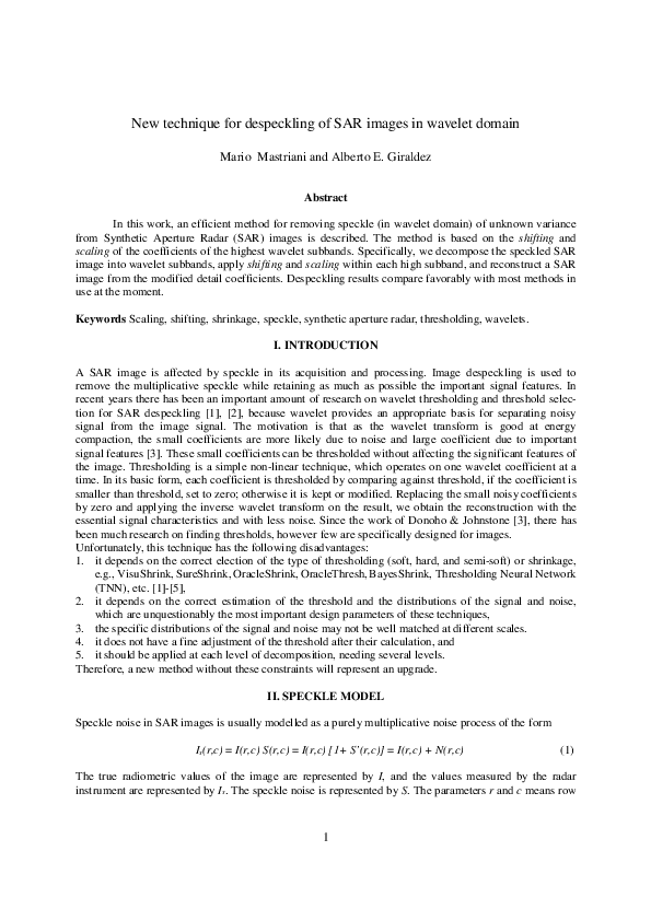 (PDF) New technique for despeckling of SAR images in wavelet domain