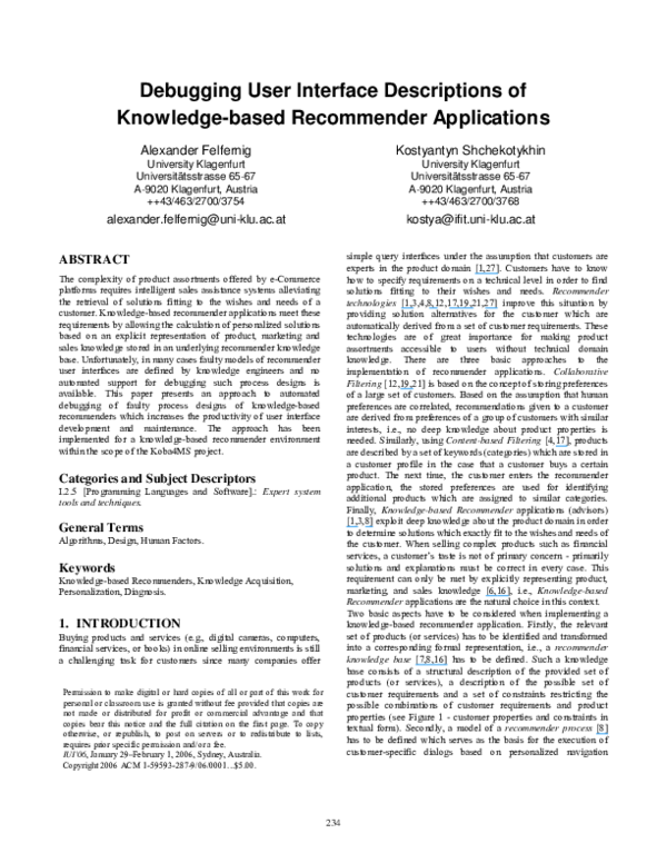 Pdf Debugging User Interface Descriptions Of Knowledge Based Recommender Applications
