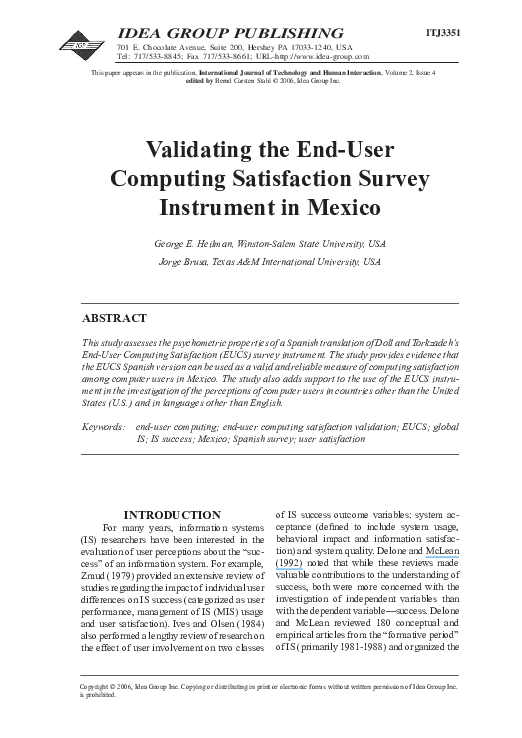 Pdf Validating The End User Computing Satisfaction Survey Instrument In Mexico