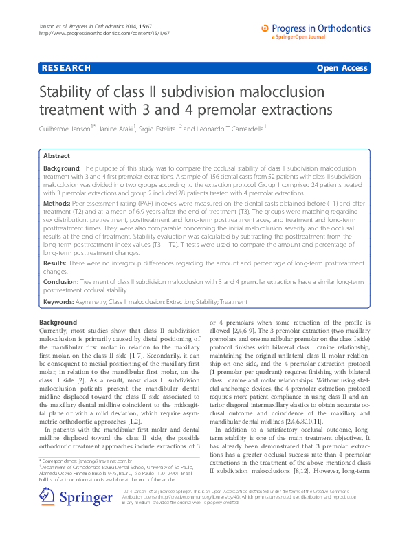 (PDF) Stability of class II subdivision malocclusion treatment with 3 ...