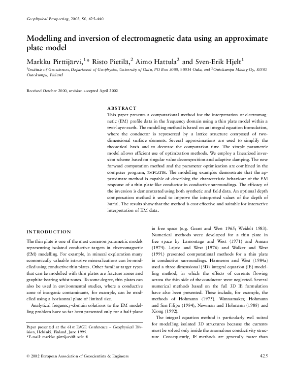 (PDF) Modelling and inversion of electromagnetic data using an approximate plate model