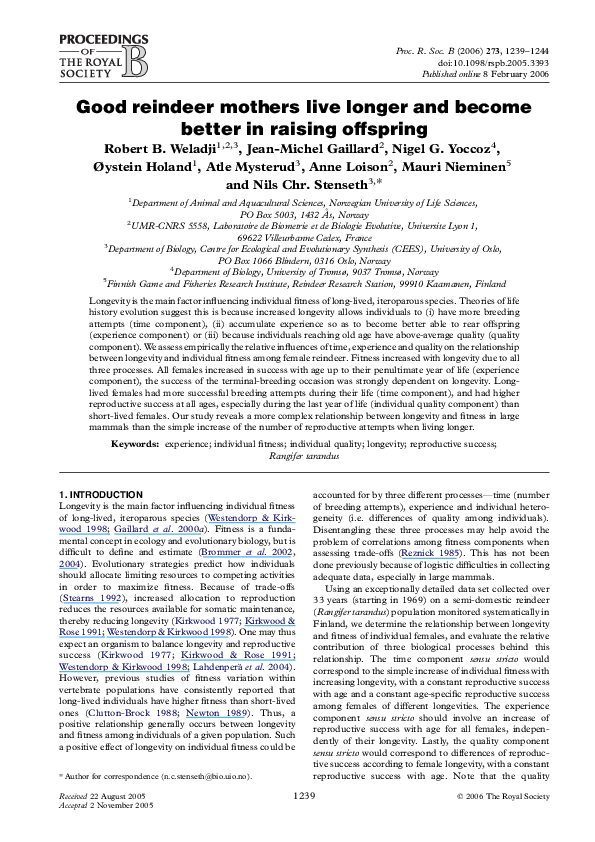 (PDF) Good reindeer mothers live longer and become better in raising ...
