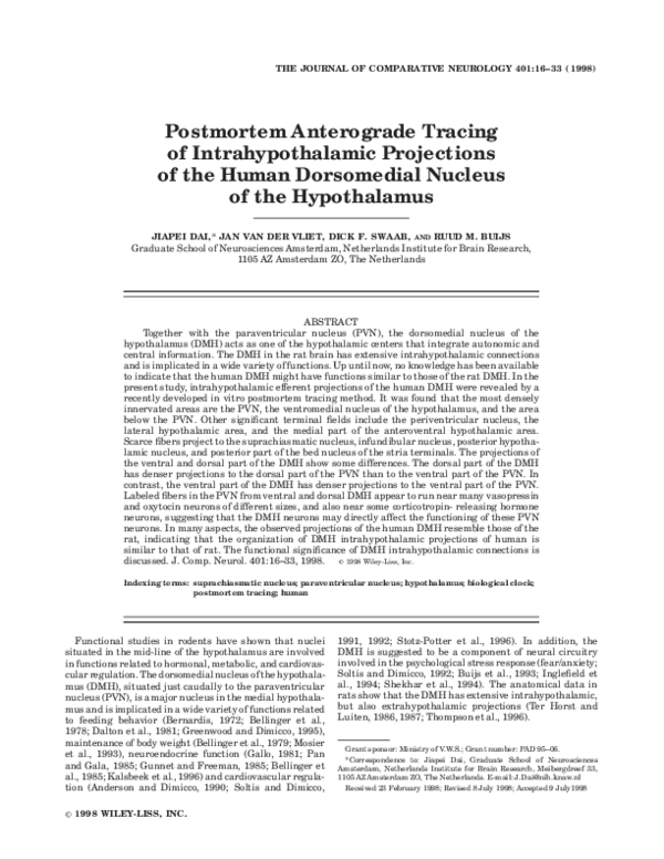 (PDF) Postmortem anterograde tracing of intrahypothalamic projections ...