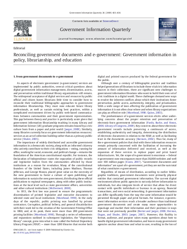 (PDF) Reconciling government documents and e-government: Government ...