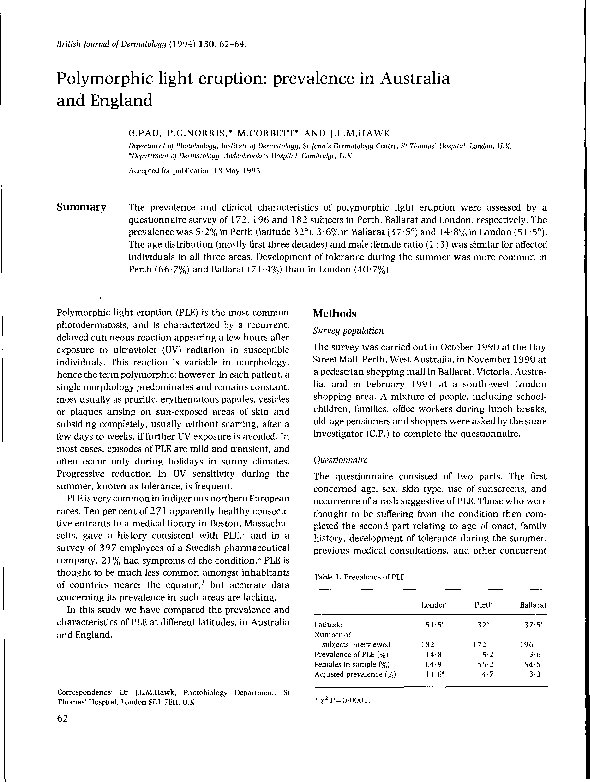 (PDF) Polymorphic light eruption: prevalence in Australia and England