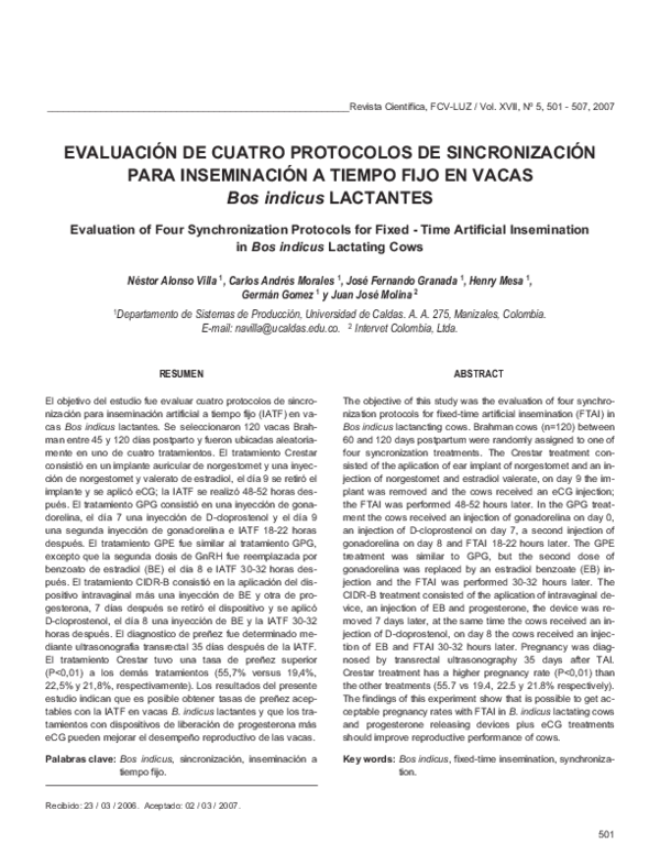 (PDF) EVALUACIÓN DE CUATRO PROTOCOLOS DE SINCRONIZACIÓN PARA INSEMINACIÓN A TIEMPO FIJO EN VACAS ...