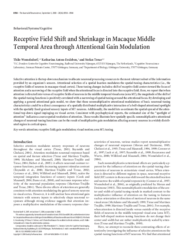 (PDF) Receptive Field Shift and Shrinkage in Macaque Middle Temporal Area through Attentional ...