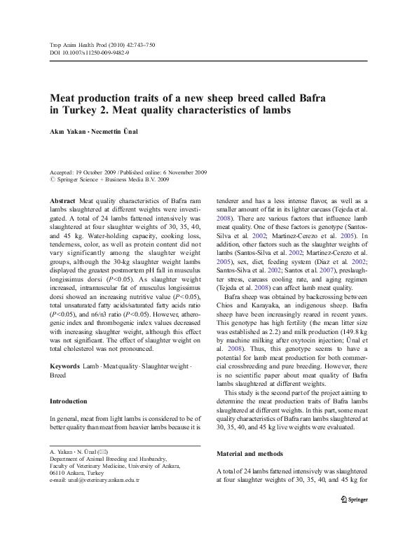 (PDF) Meat production traits of a new sheep breed called Bafra in ...