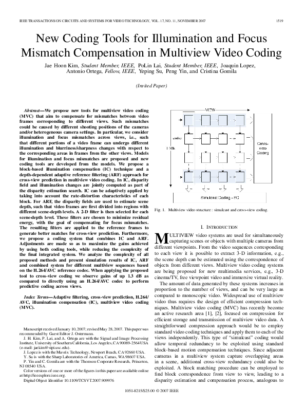 Pdf New Coding Tools For Illumination And Focus Mismatch Compensation In Multiview Video Coding