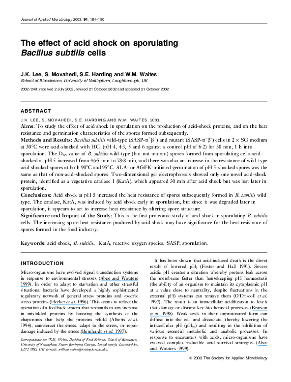 (PDF) The effect of acid shock on sporulating Bacillus subtilis cells