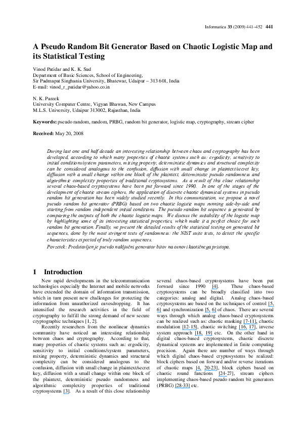 Pdf A Pseudo Random Bit Generator Based On Chaotic Logistic Map And Its Statistical Testing
