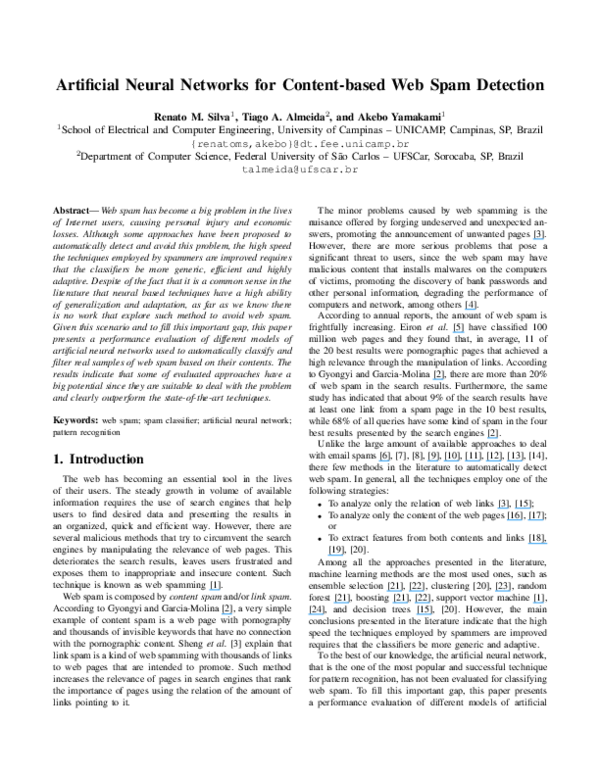 (PDF) Artificial Neural Networks for Content-based Web Spam Detection