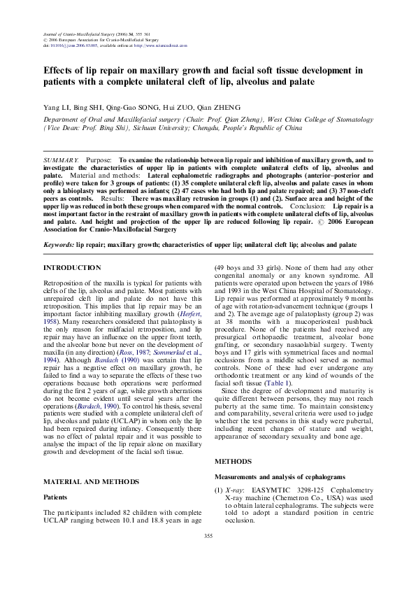(PDF) Effects of lip repair on maxillary growth and facial soft tissue development in patients ...