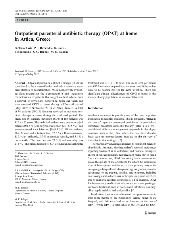 (PDF) Outpatient parenteral antibiotic therapy (OPAT) in different ...
