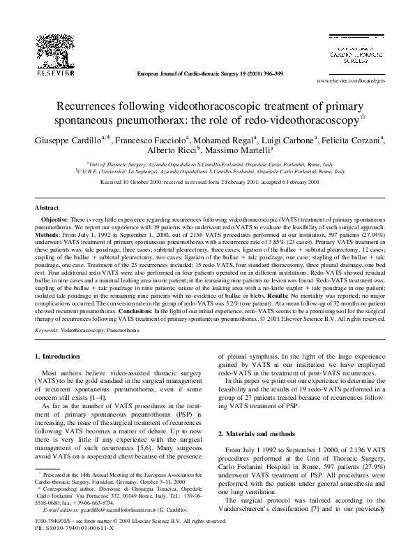(PDF) Recurrences following videothoracoscopic treatment of primary ...