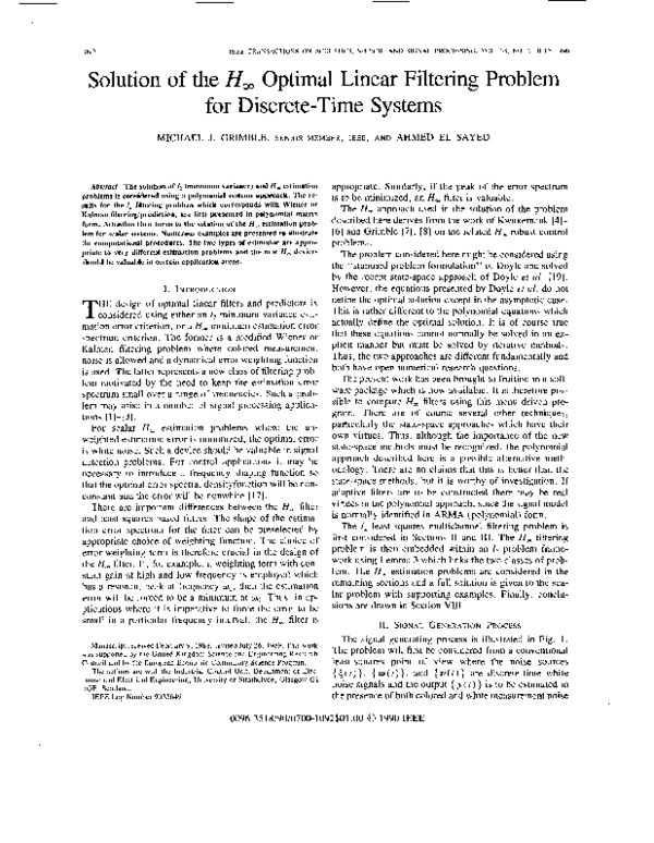 (PDF) Solution of the H∞ optimal linear filtering problem for discrete-time systems