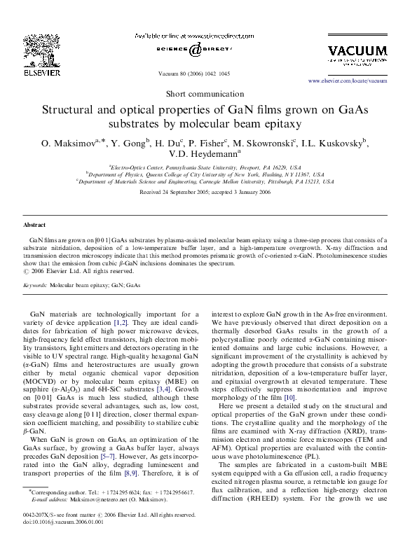 (PDF) Structural and optical properties of GaN films grown on GaAs ...