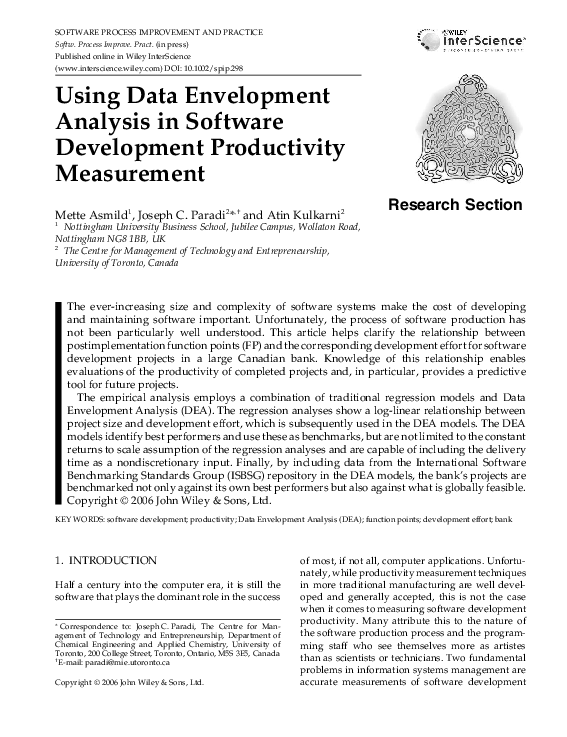 (PDF) Using Data Envelopment Analysis in software development productivity measurement