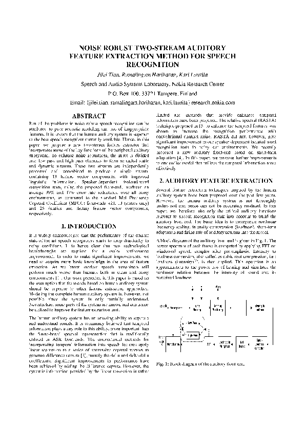 Pdf Noise Robust Two Stream Auditory Feature Extraction Method For Speech Recognition