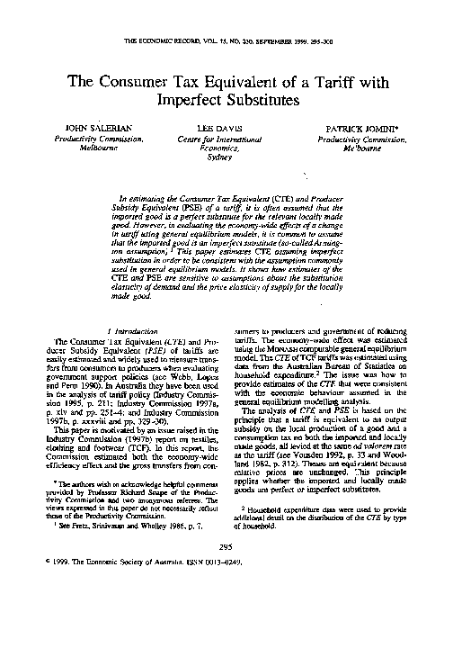 (PDF) The Consumer Tax Equivalent of a Tariff with Imperfect Substitutes