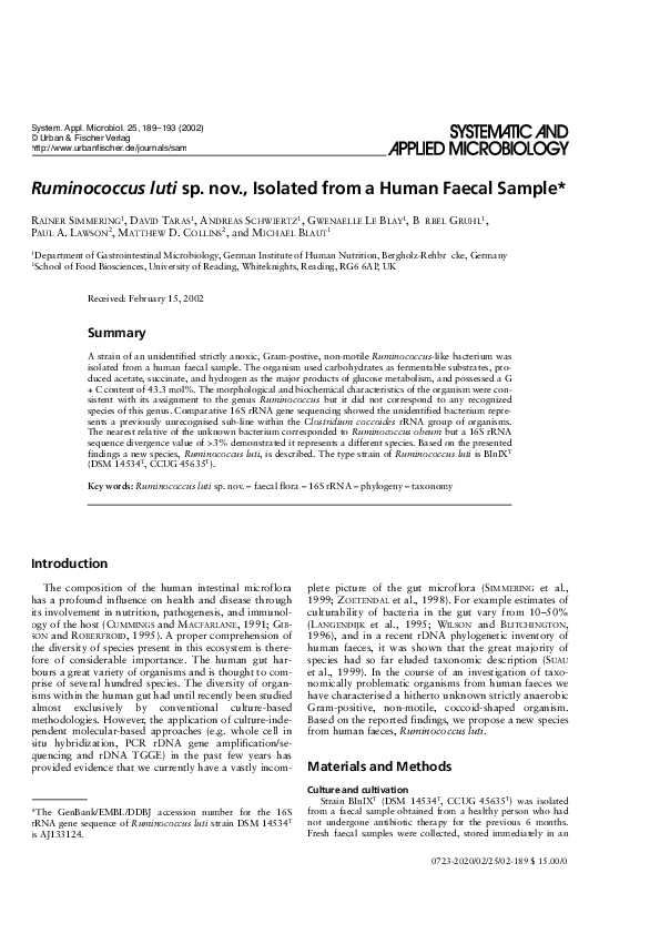 (PDF) Ruminococcus luti sp. nov., Isolated from a Human Faecal Sample 1 ...