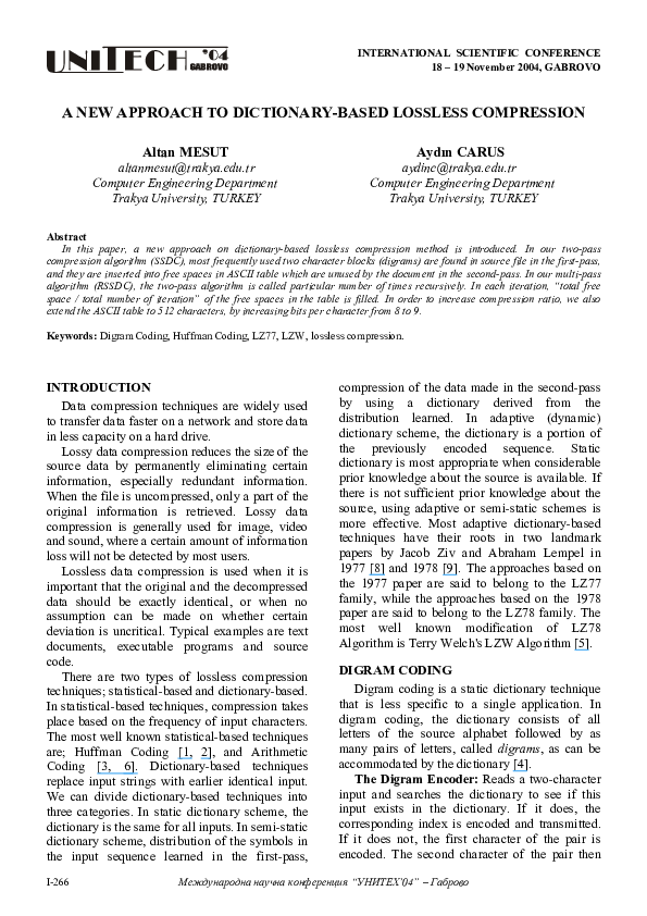 (PDF) A NEW APPROACH TO DICTIONARY-BASED LOSSLESS COMPRESSION