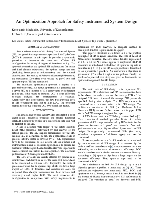 (PDF) An optimization approach for safety instrumented system design