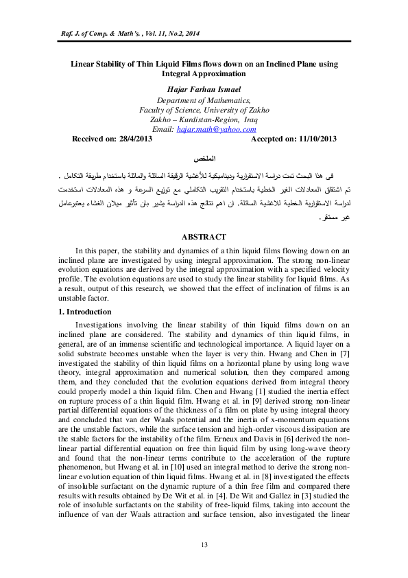 (PDF) Linear Stability of Thin Liquid Films flows down on an Inclined ...