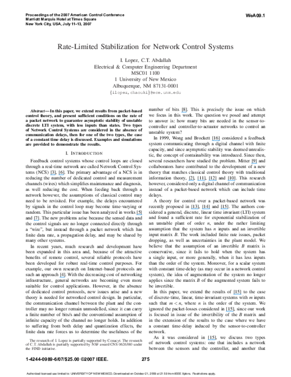 (PDF) Rate-Limited Stabilization for Network Control Systems | Chaouki Abdallah - Academia.edu