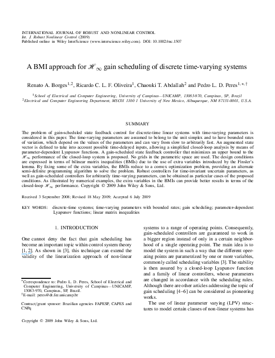 (PDF) A BMI approach for ℋ︁∞ gain scheduling of discrete time-varying systems | Chaouki Abdallah ...
