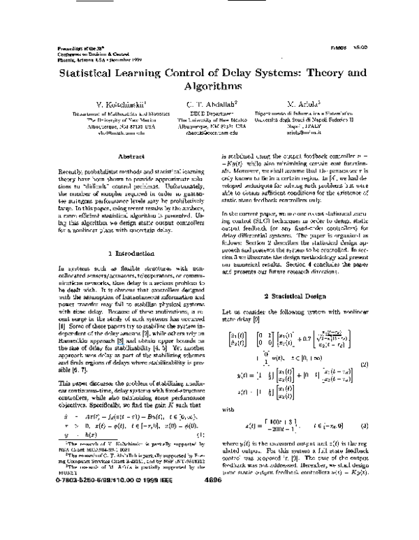 (PDF) Statistical learning control of delay systems: theory and algorithms