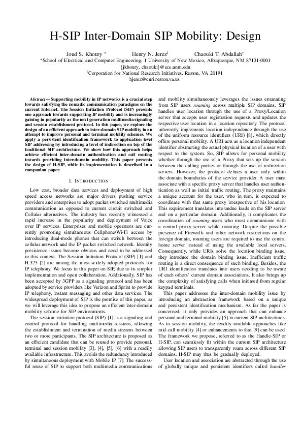 (PDF) H-SIP Inter-Domain SIP Mobility: Design